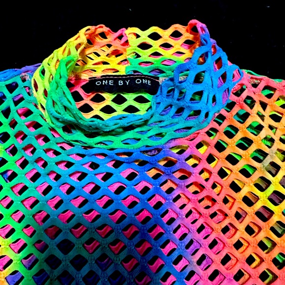 Tops | Rare Rainbow Mesh Top Fishnet Crop Top Halter Festival Tie Dye ...
